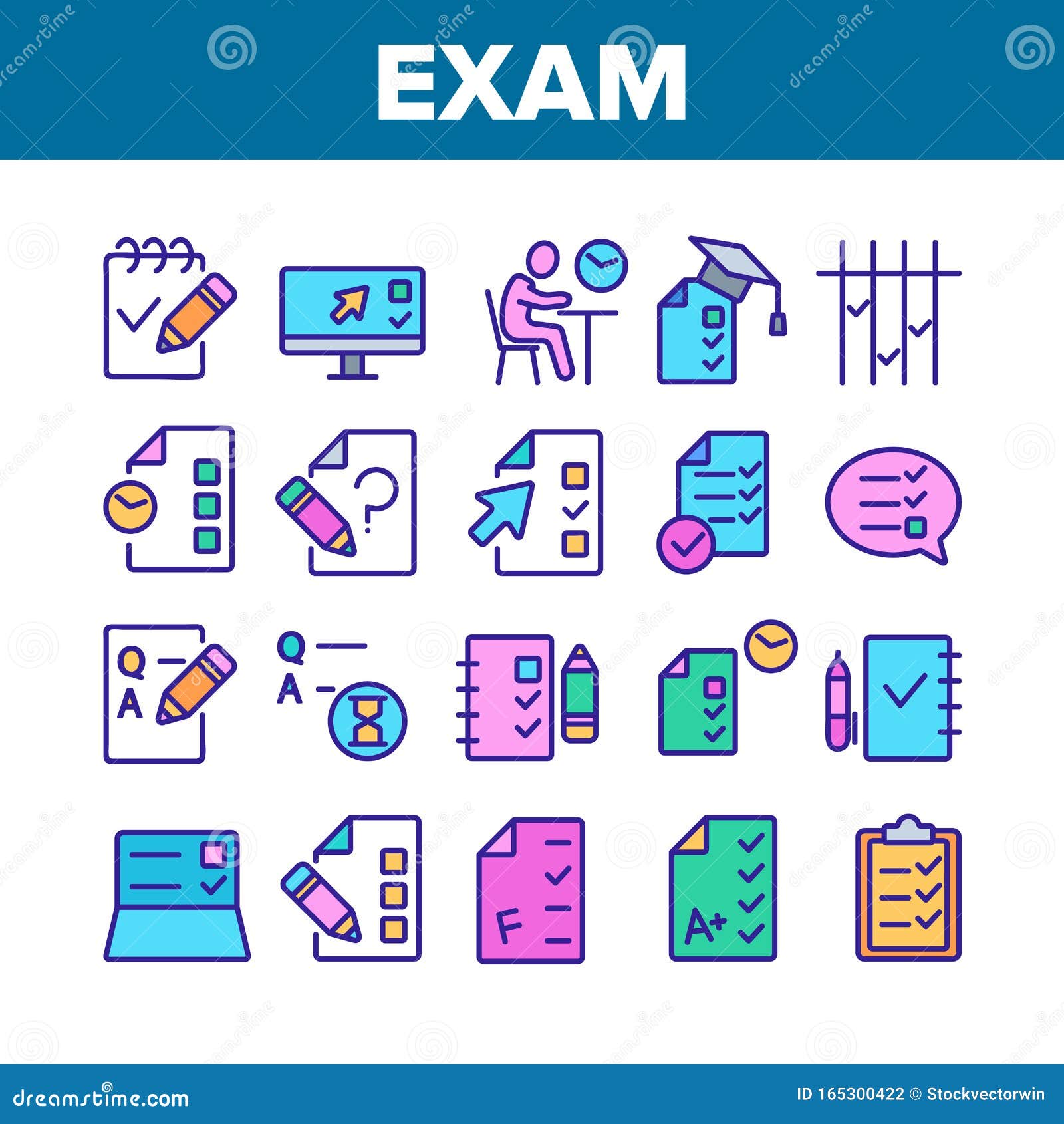 Exam Test Collection Elements Icons Set Vector Stock Vector