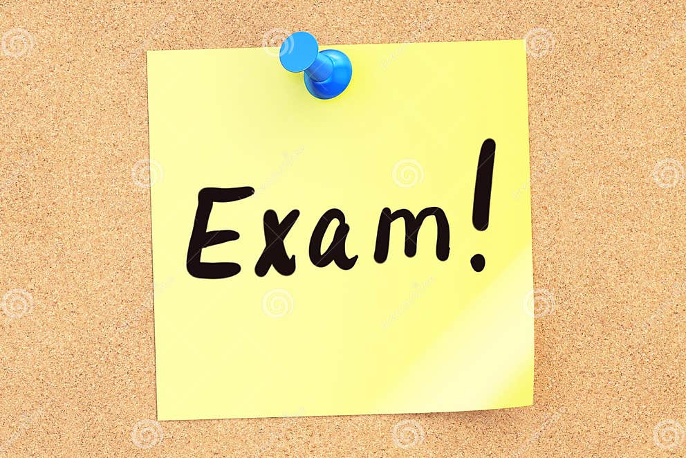 Exam. Text on a Sticky Note Pinned To a Corkboard. 3D Rendering Stock ...