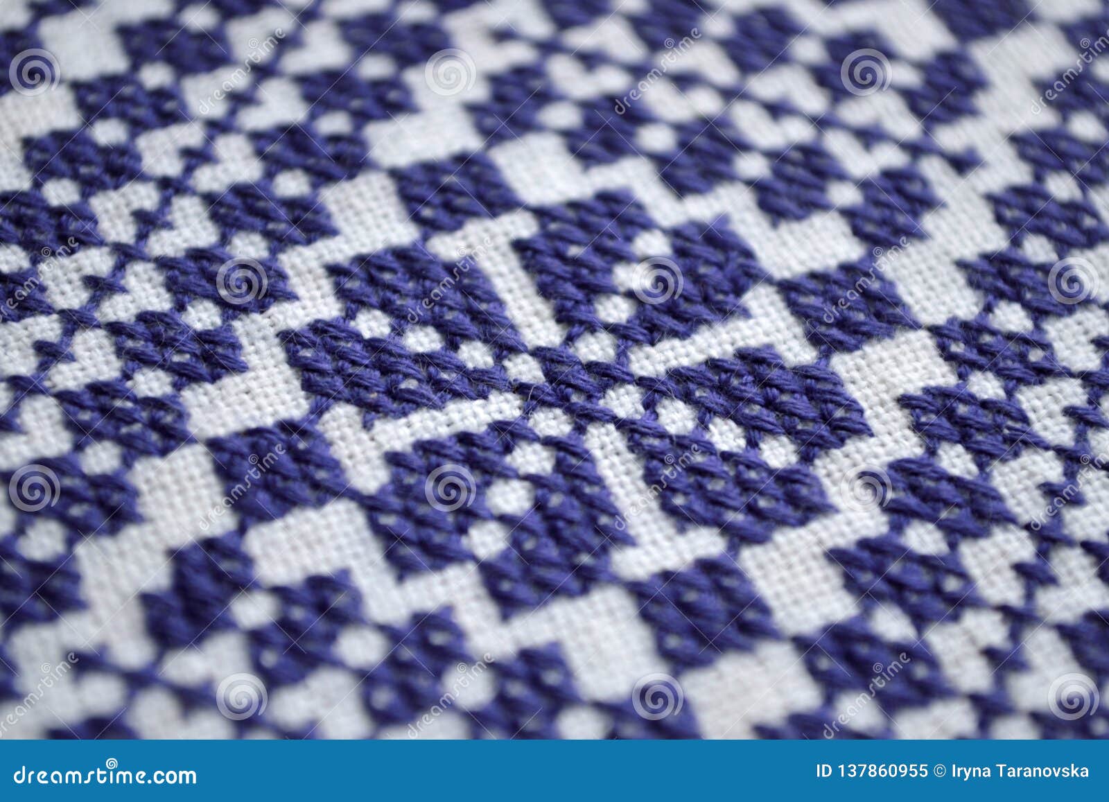 Example of Blue Square Pattern of Embroidery on White Fabric Stock ...