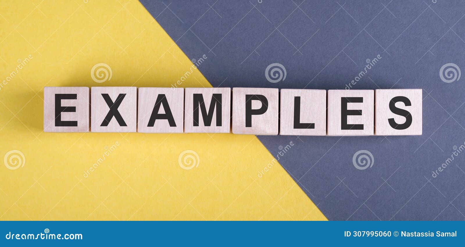 Examples Word Written on Wood Block. Examples Text on Yellow Gray Desk ...