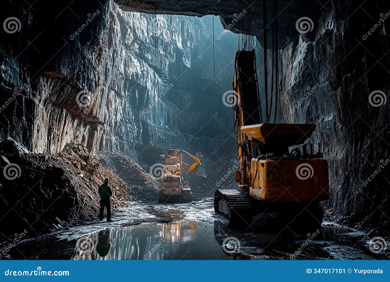 Excavation in a Cavernous Mine Reveals Machinery and Workers at Dawn ...