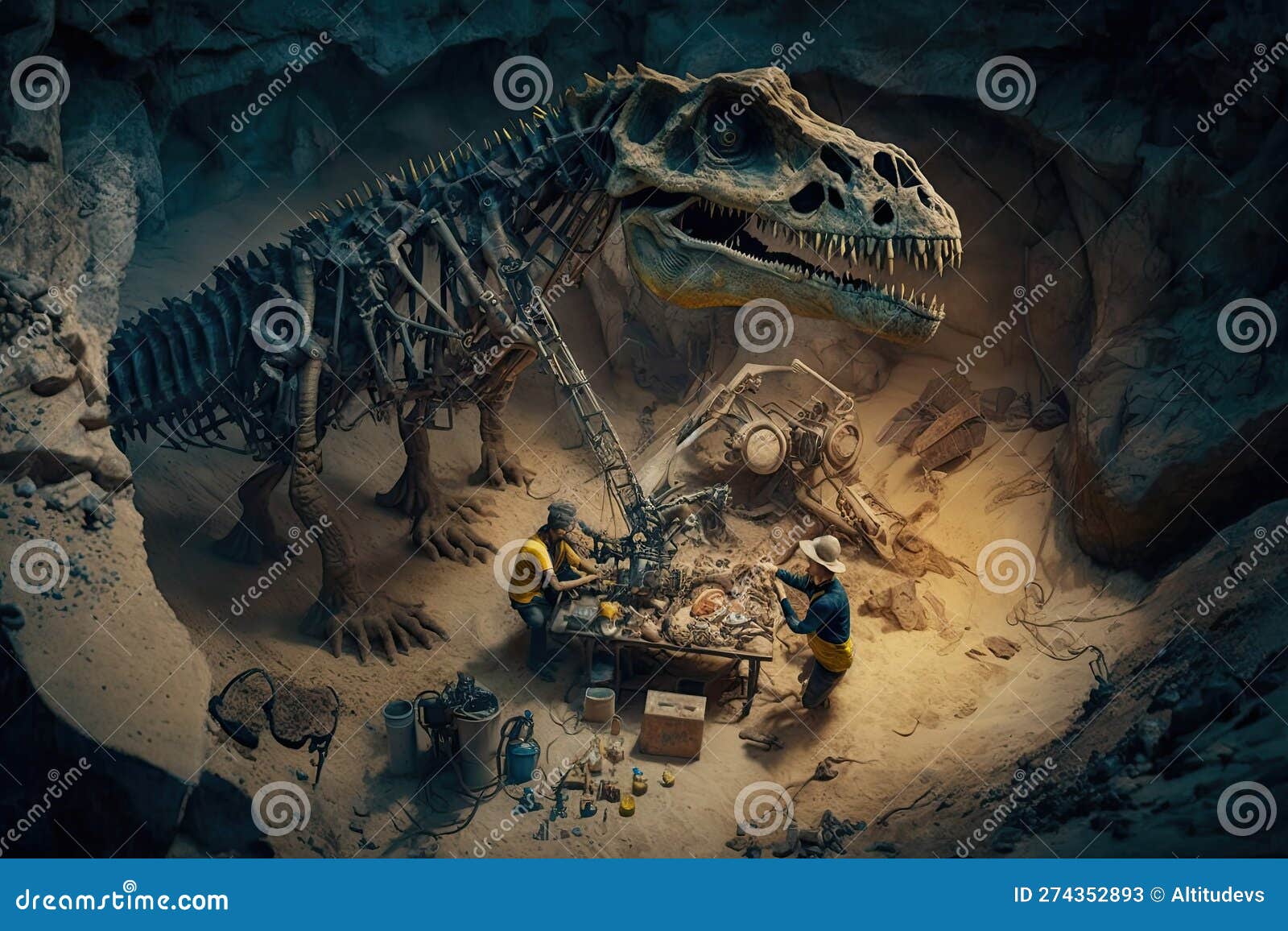 Excavation of Dinosaur Skeleton with Scientists and Equipment Visible ...