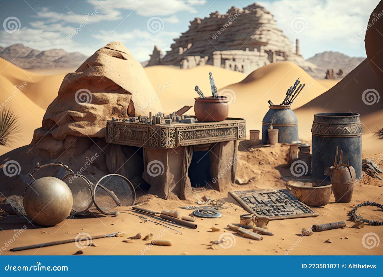 Excavation Site with Ancient Artifacts and Tools among the Dunes in the ...