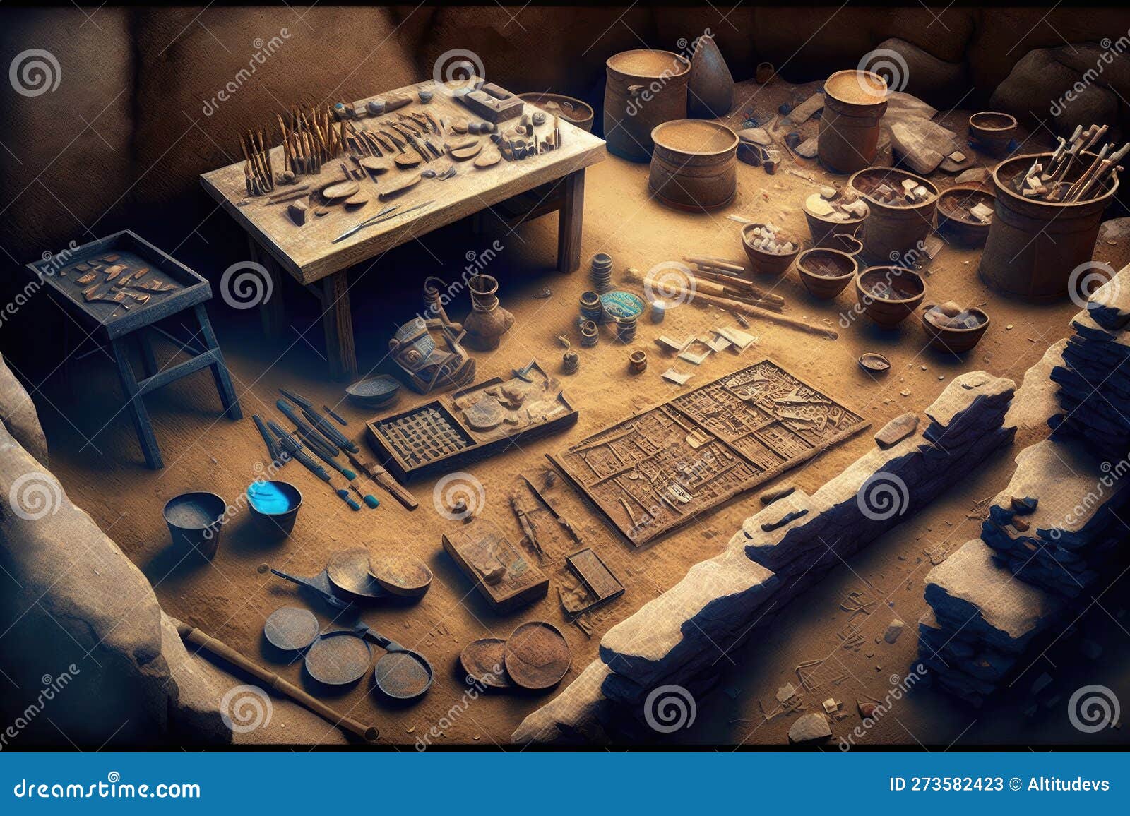 Excavation Site with Rows of Artifacts and Tools on Display Stock Image ...