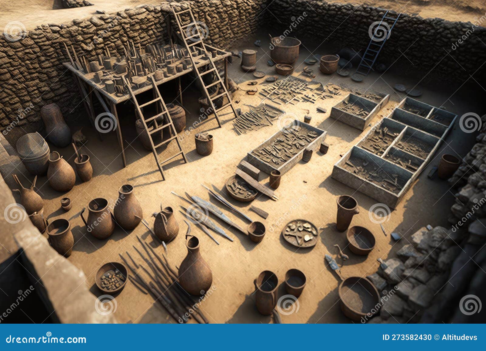 Excavation Site with Rows of Artifacts and Tools on Display Stock Photo ...