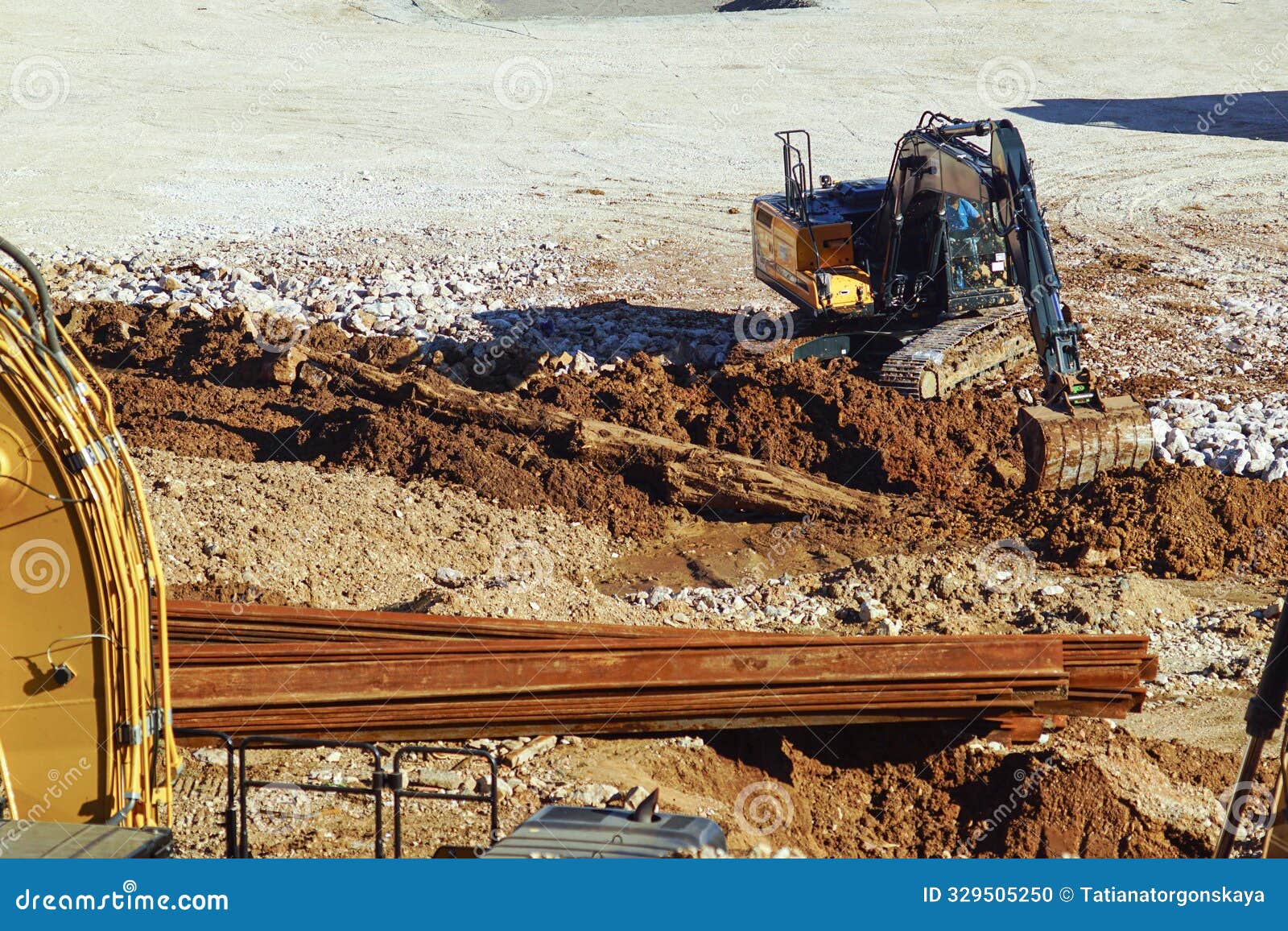 Work on a Construction Site: an Excavator Photographed from Above ...