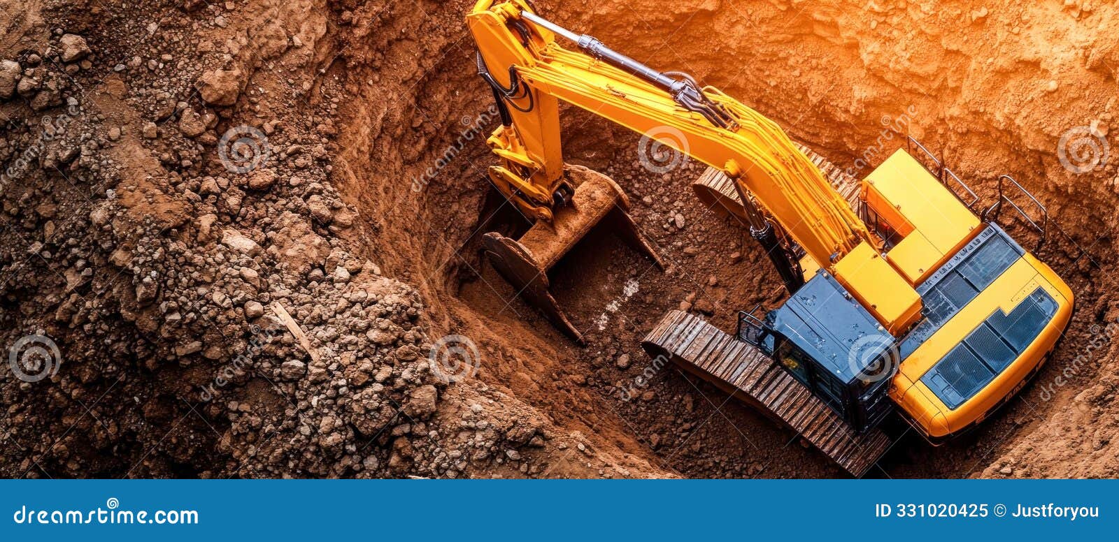 Excavator in Action at Construction Site with Dramatic Lighting and ...