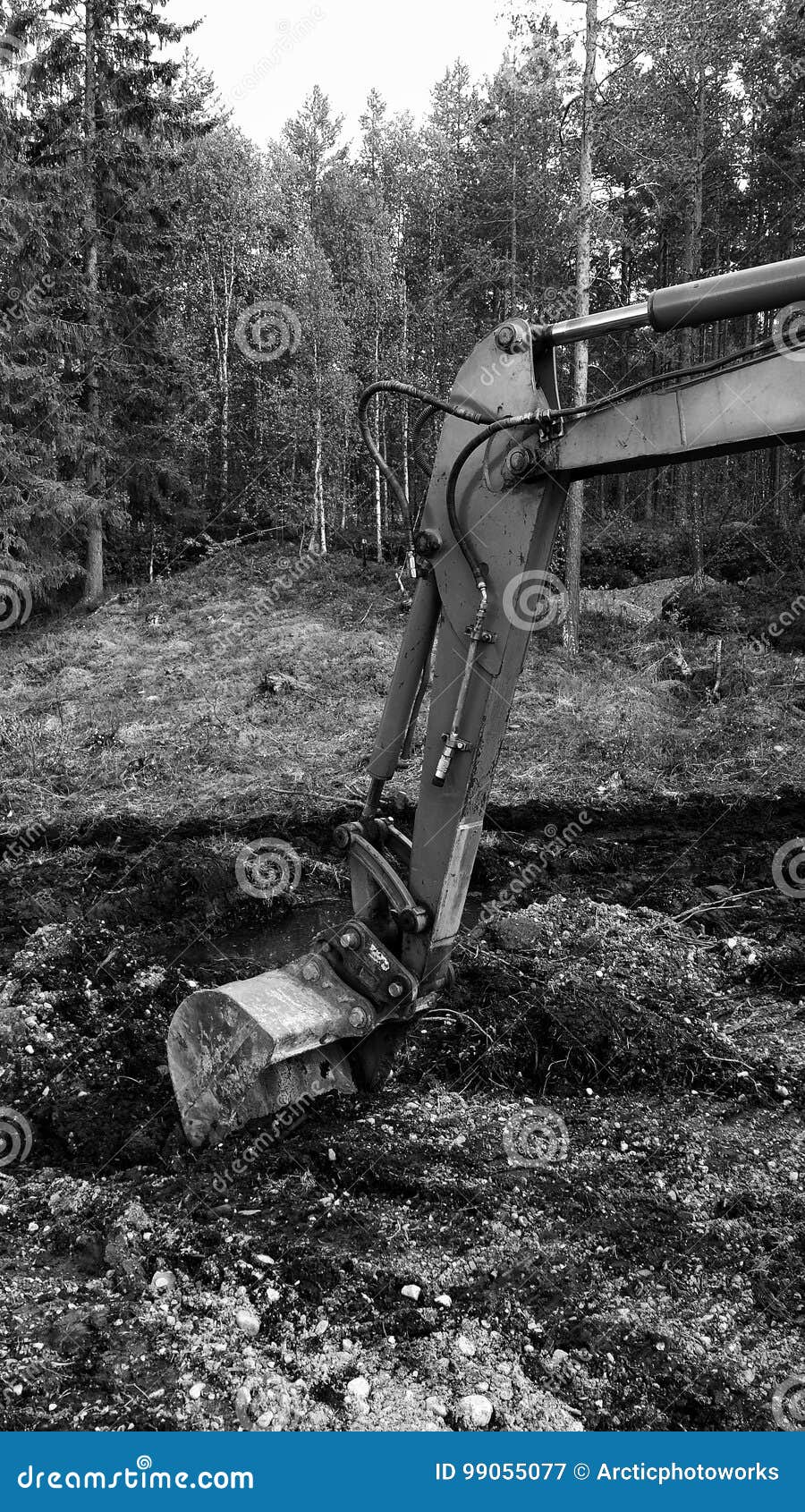 Excavator Arm Digging in Mud Monochrome Stock Image - Image of dark ...