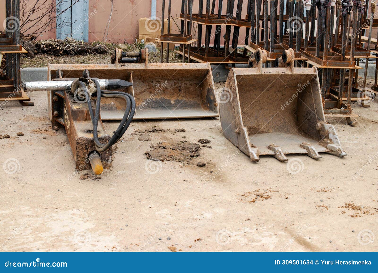 Excavator Attachments. Bucket and Hydraulic Bumper Stock Photo - Image ...