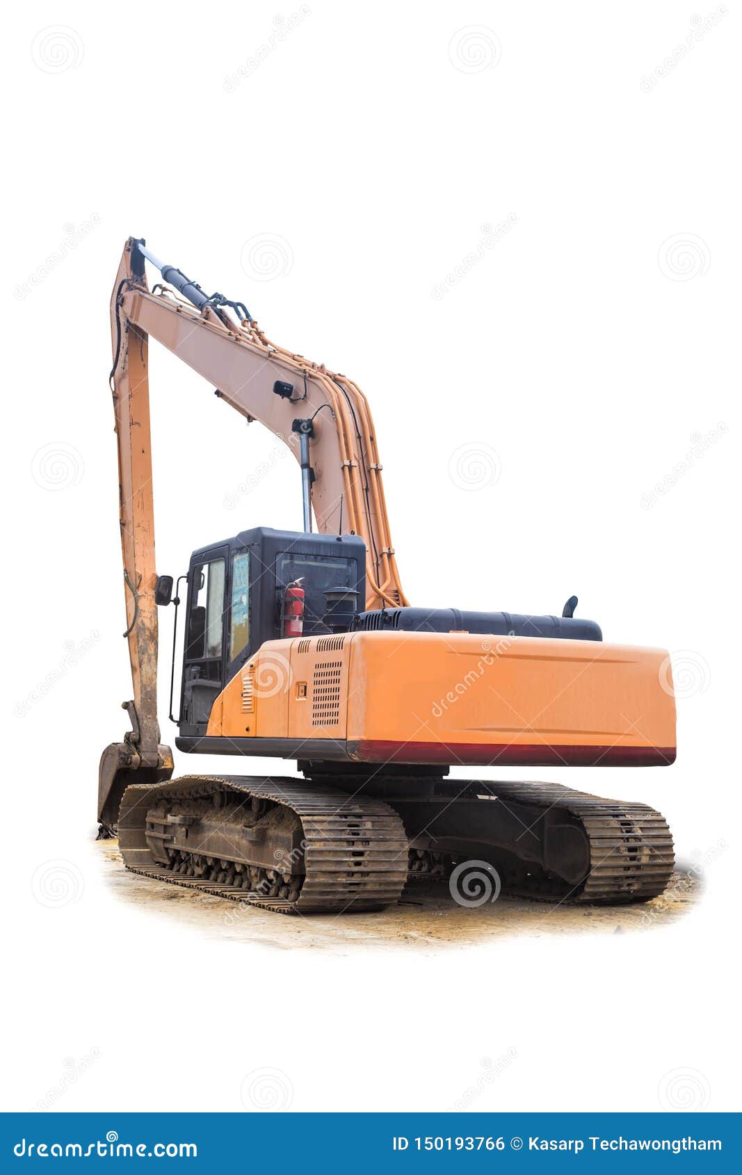 Excavator Back View. Old Yellow Excavator in Construction Site Work on ...