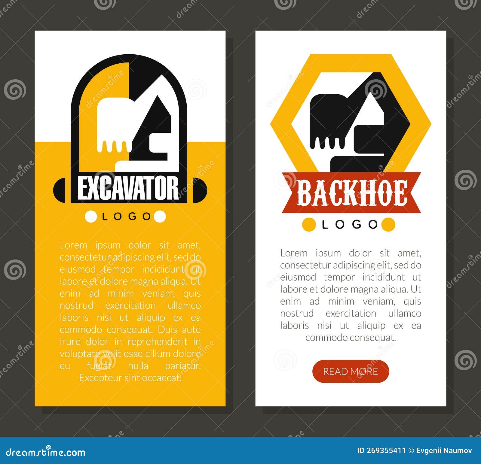 Excavator and Backhoe Vertical Card or Web Banner Vector Template Stock ...