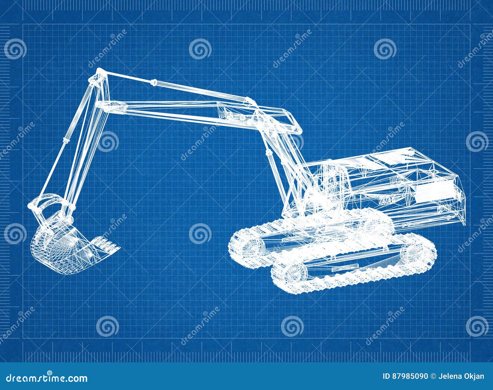 Excavator Blueprint â€“ 3D Perspective Stock Photo - Image of ...