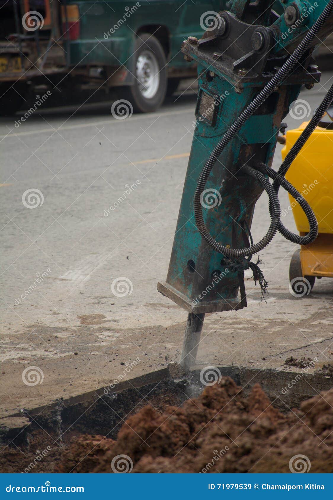 Excavator Breaking Concrete Road Surface With Hydrohammer Drill Stock ...