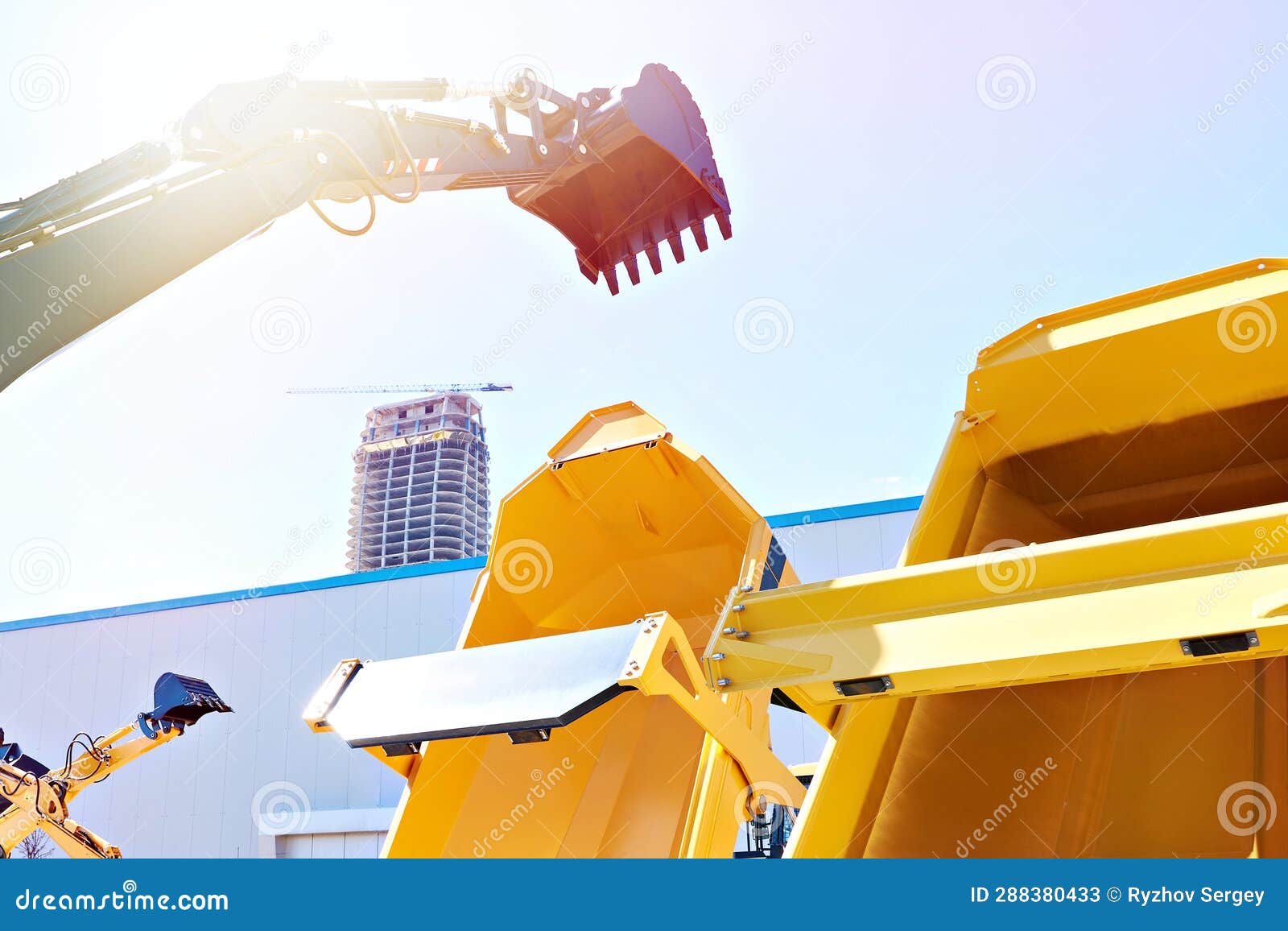 Excavator with Bucket and Dump Truck Stock Image - Image of loader ...