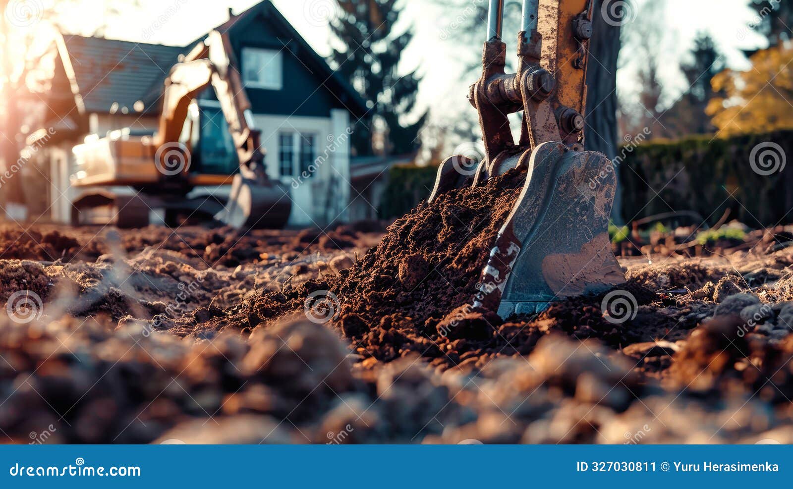 An Excavator Bucket Is Shown Digging Into The Earth, With A House In ...
