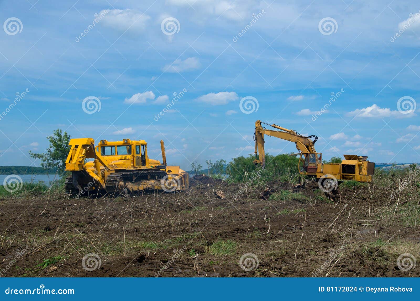 Excavator and Bulldozer Clearing Forest Land. Stock Photo - Image of ...