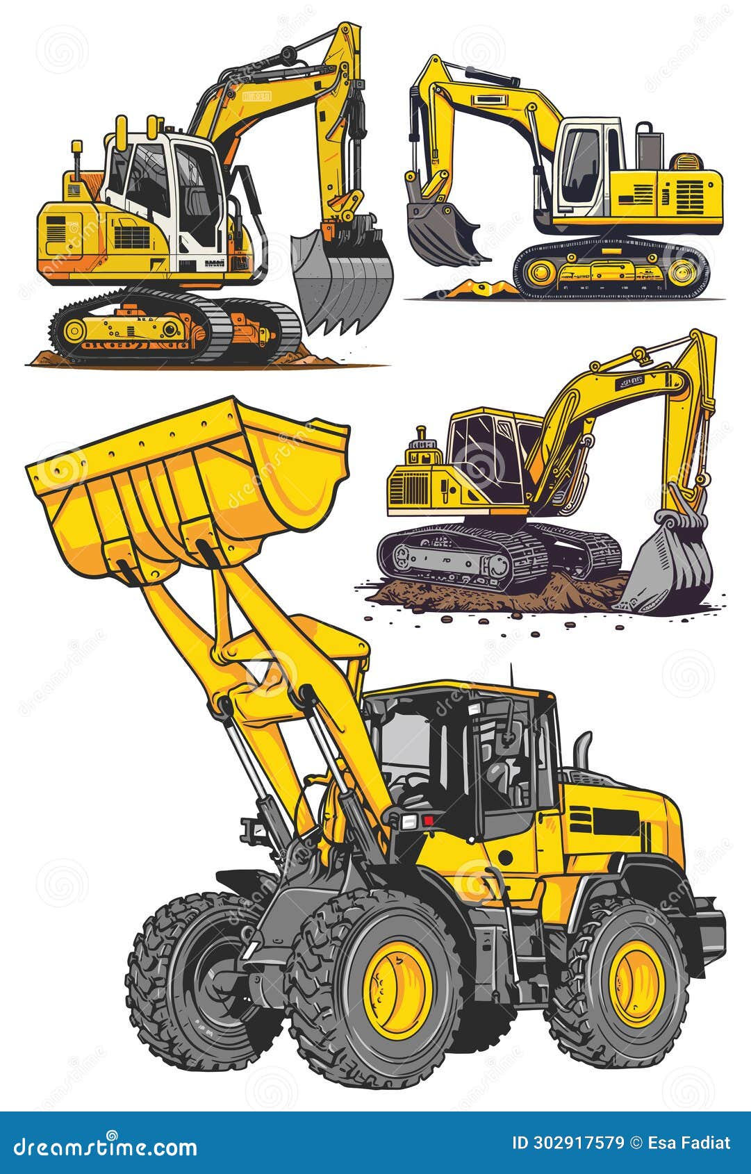 Excavator, Bulldozer, Loader, Excavator, Forklift, Wheel Loader. Vector ...