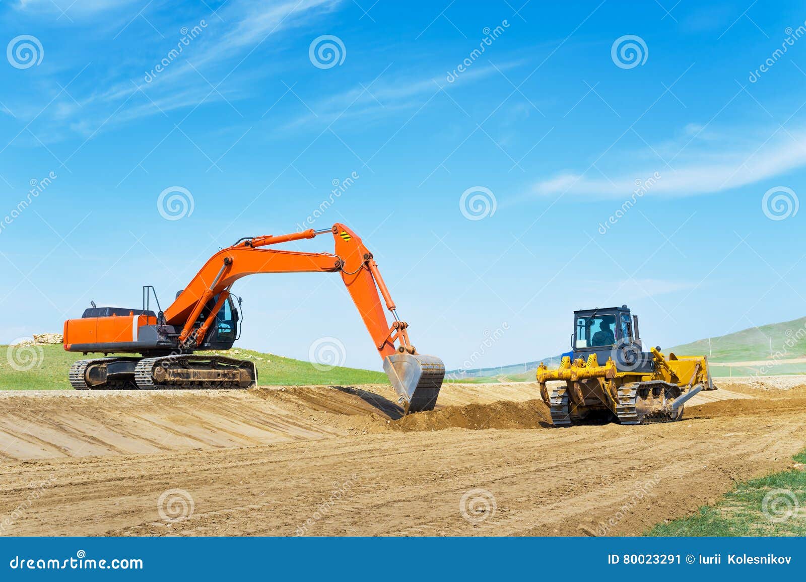 Excavator and Bulldozer on Road Construction Stock Image - Image of ...