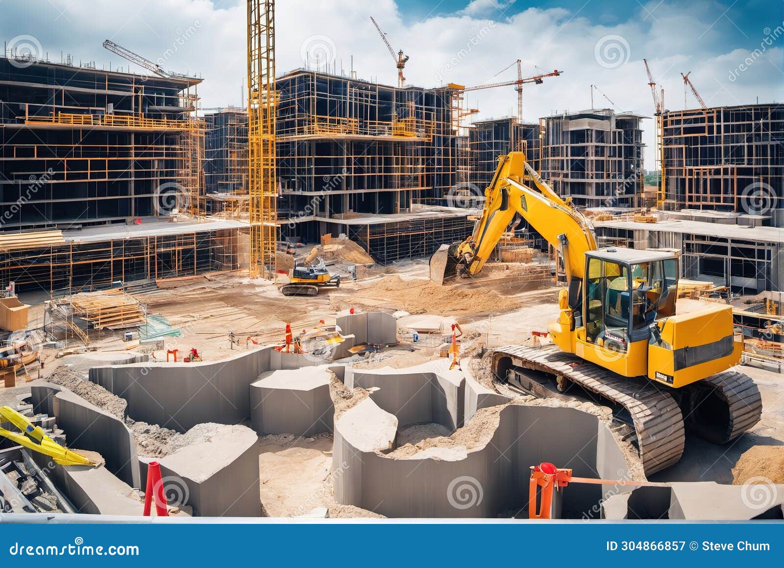 Excavator in Busy Messy Construction Site Stock Illustration ...