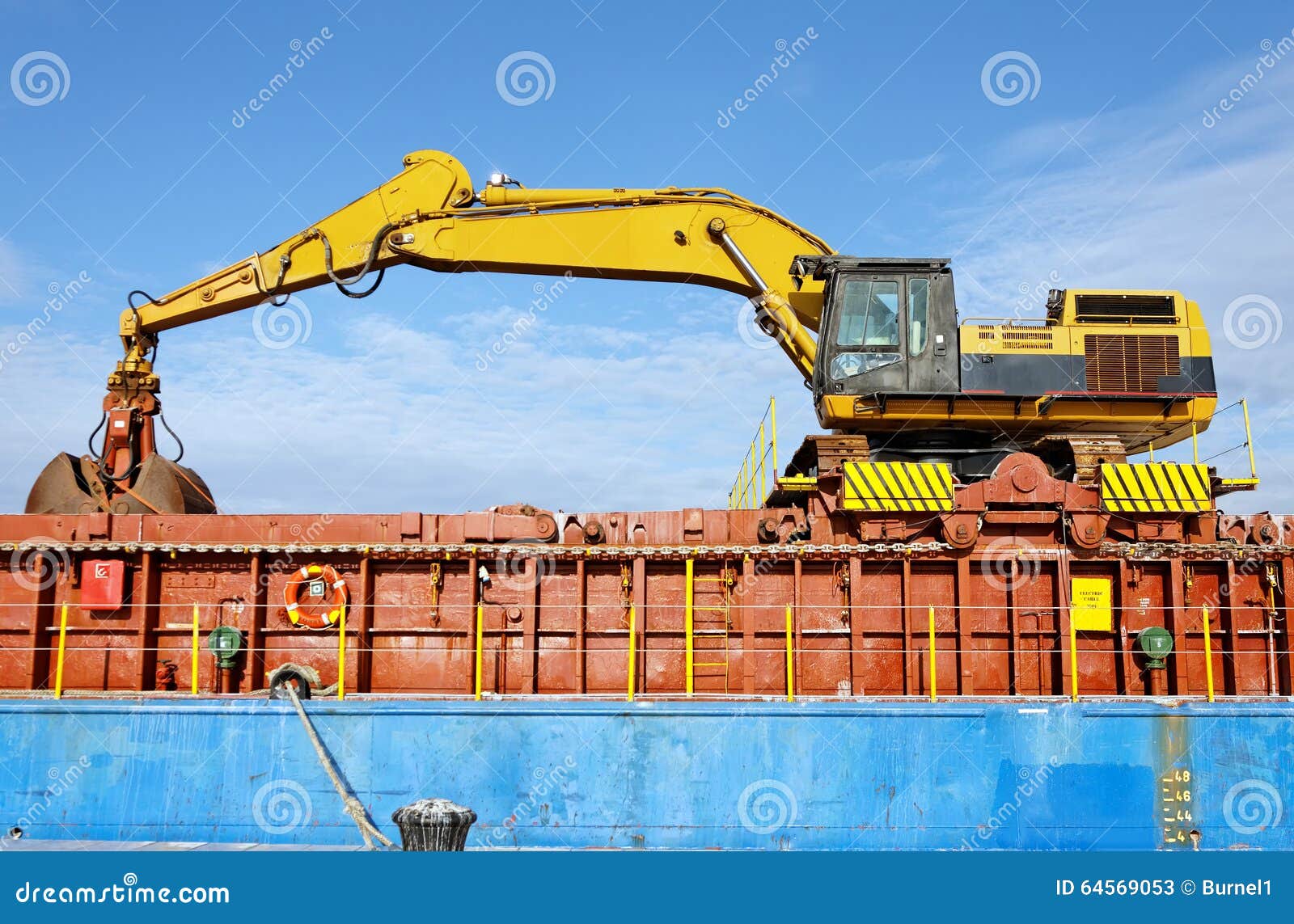 Excavator on cargo ship stock image. Image of type, crane - 64569053