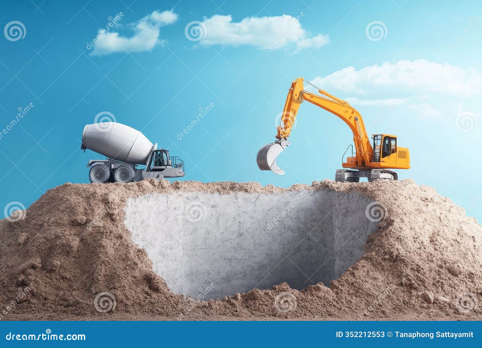 Excavator and Cement Mixer on Hilltop Construction Machinery ...