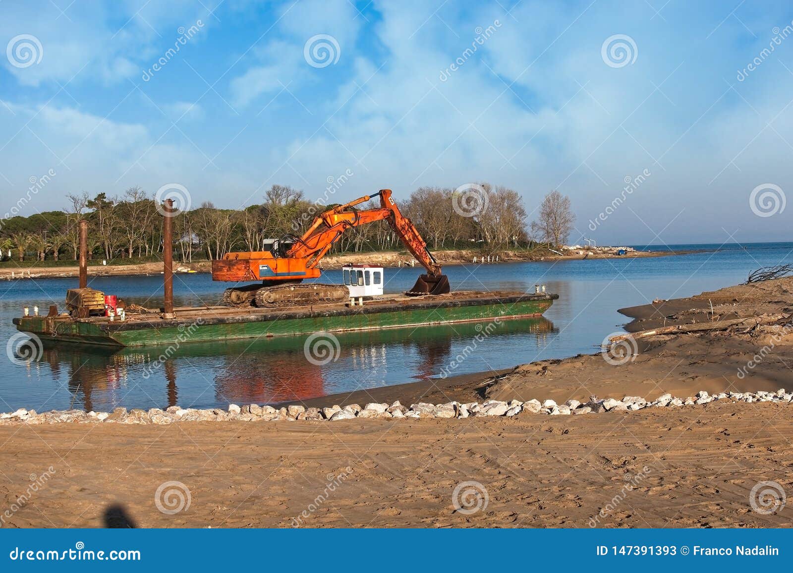 Excavator for Channel Dredge on a Barge. Stock Image - Image of ...