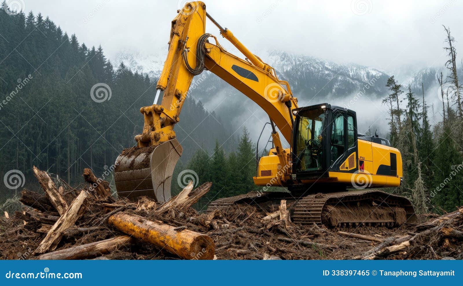 Excavator Clearing Trees In A Forest, Heavy Machinery Logging Timber ...