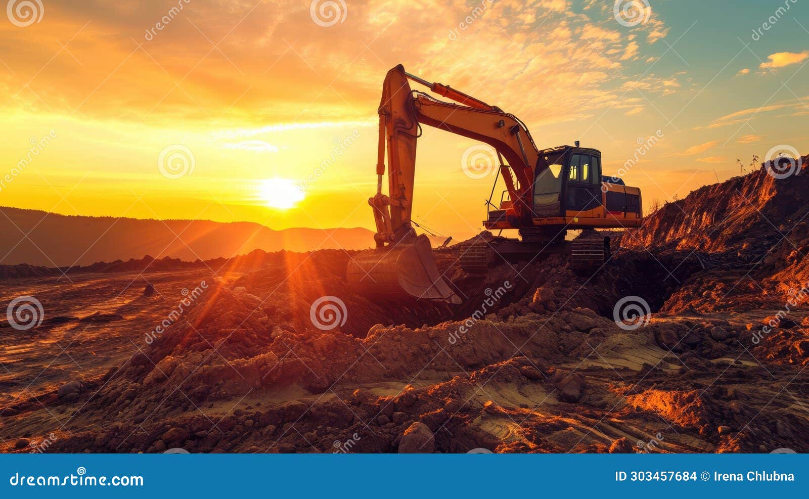 Excavator at a Construction Site Against the Setting Sun Stock ...