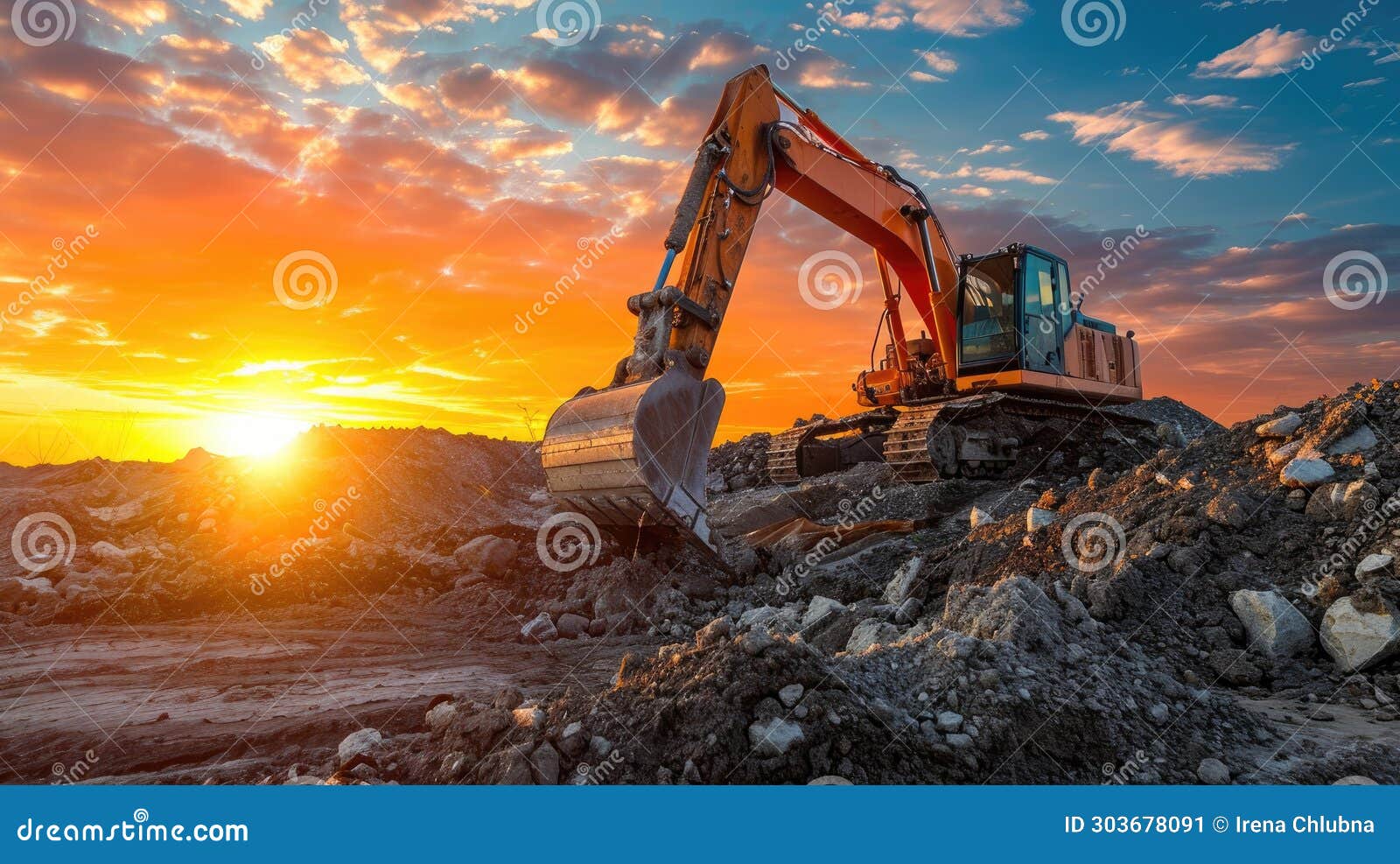 Excavator at a Construction Site Against the Setting Sun Stock ...