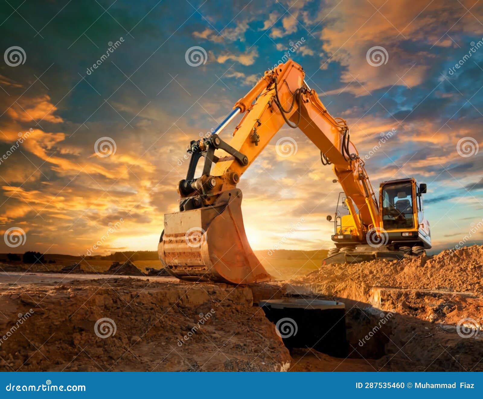 Excavator at a Construction Site Against the Setting Sun Stock Photo ...