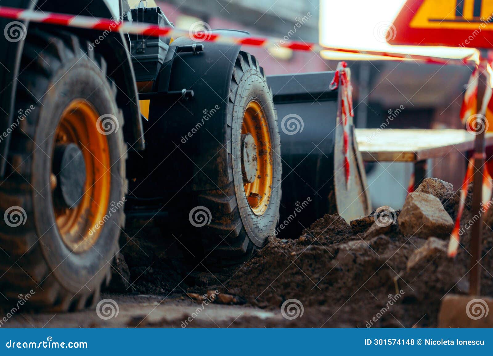 Excavator on Construction Site Marked by Warning Sign Stock Photo ...
