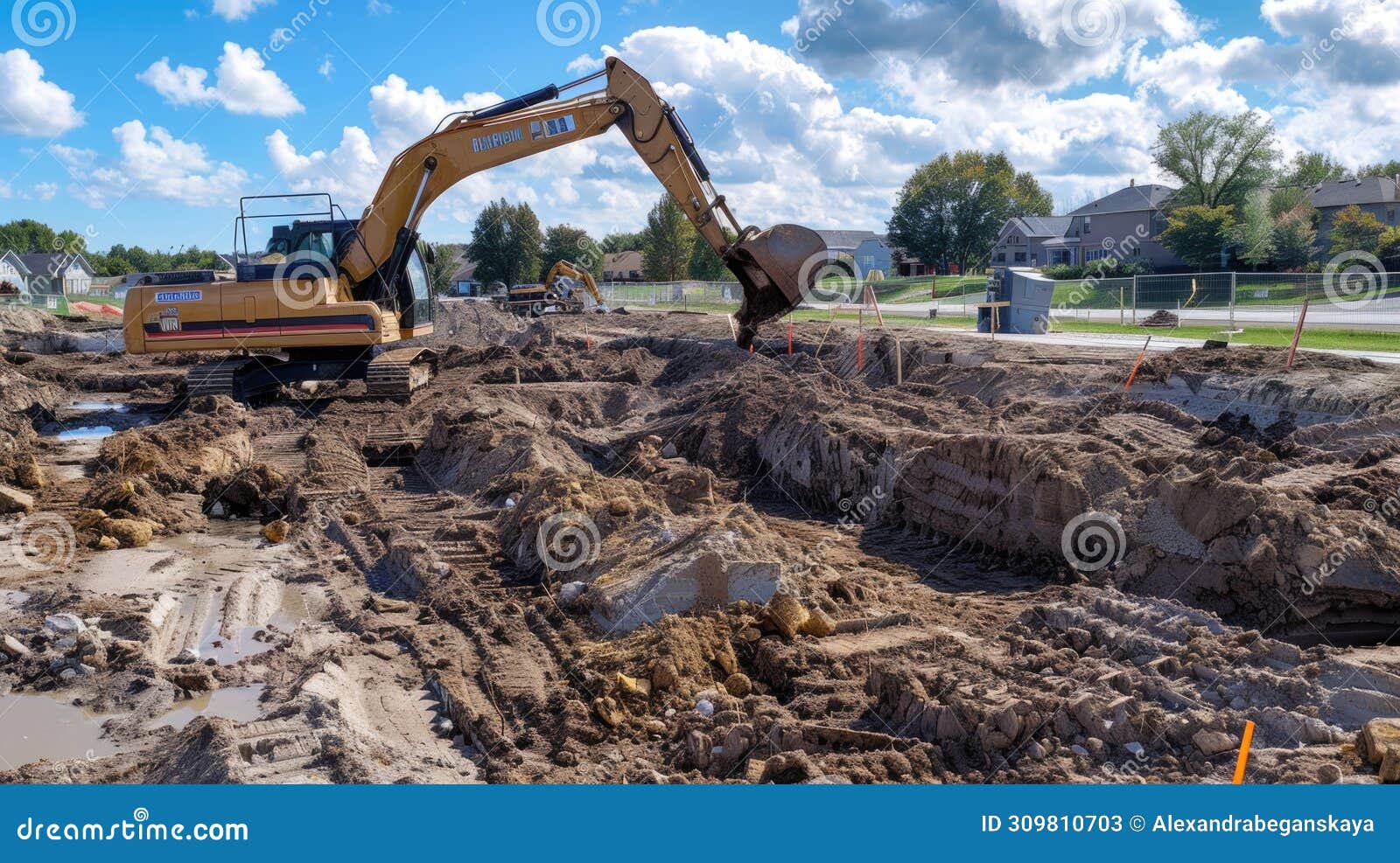Excavator on Construction Site with Mud and Tracks. Infrastructure ...