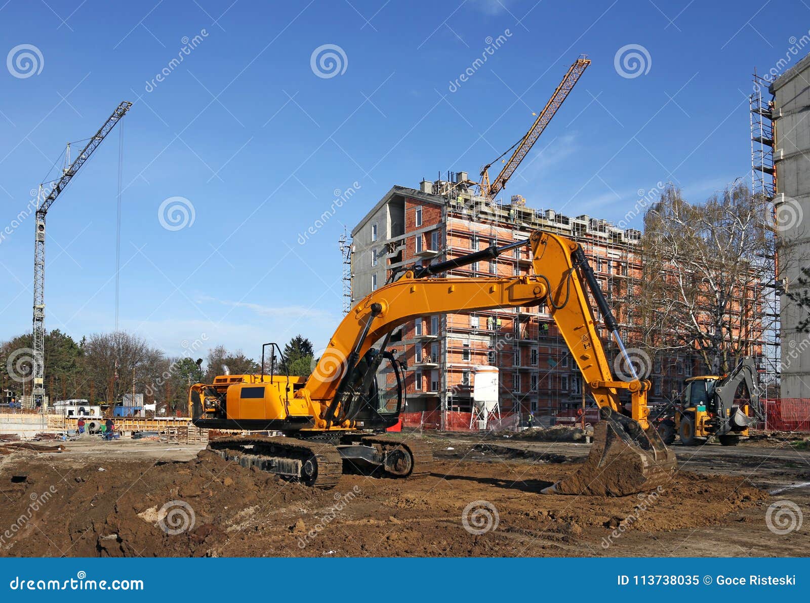 Excavator and Cranes on Construction Site Stock Image - Image of heavy ...