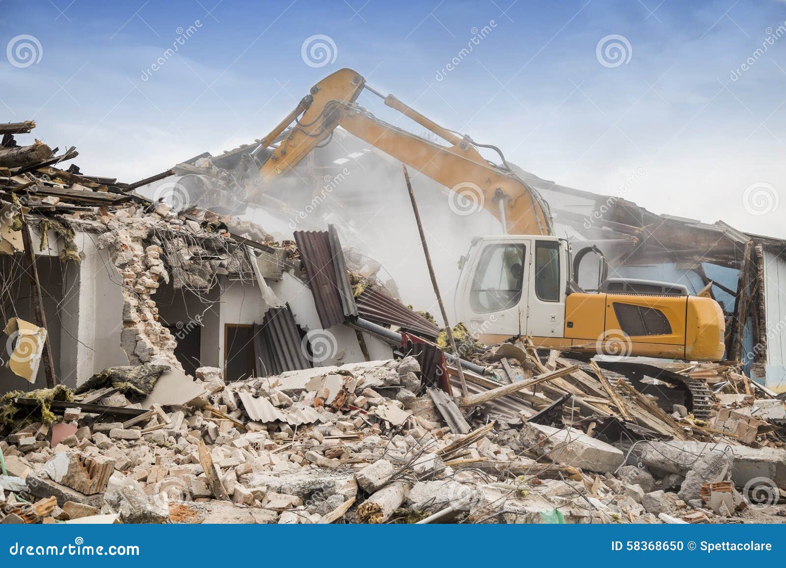Excavator Demolishing Barracks Stock Photo - Image of heavy ...