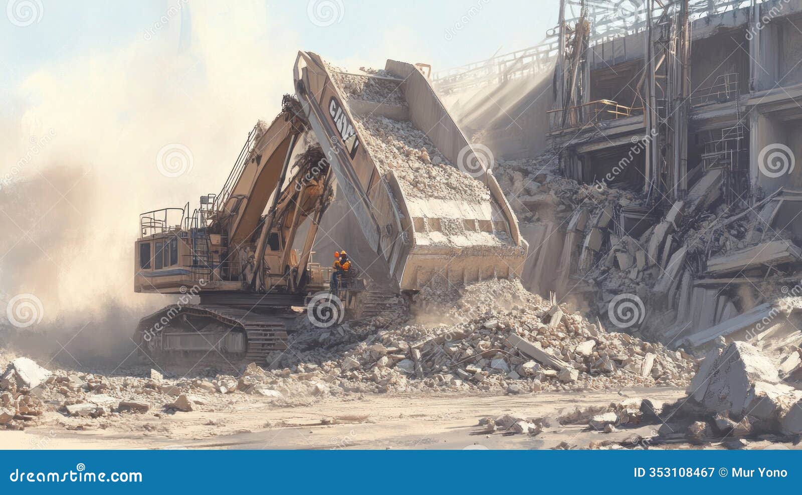 Excavator Demolishing a Building, Dust and Debris Flying Stock Image ...