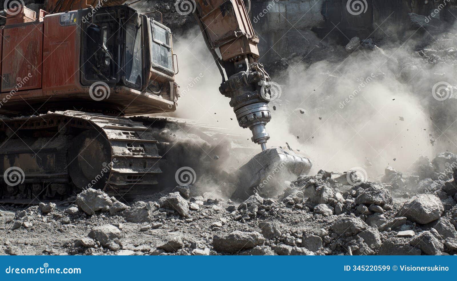 Excavator Demolishing Rocks with Dust Cloud Stock Image - Image of ...