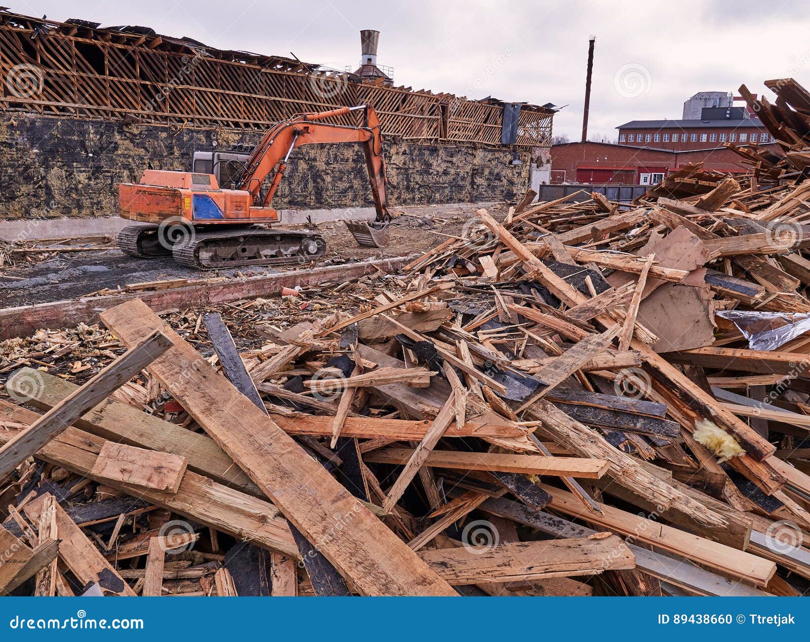 Excavator at Demolition Site Breaking Down the Building Stock Photo ...