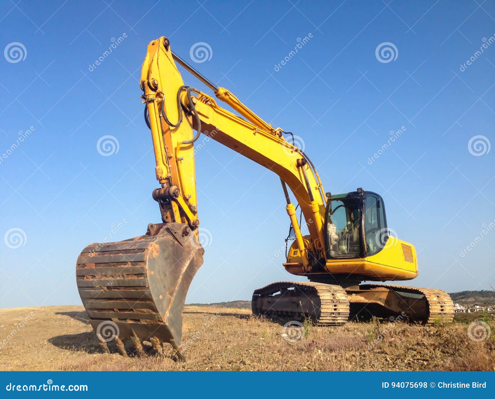 Excavator, Digger with Blue Sky Stock Photo - Image of yellow, parked ...