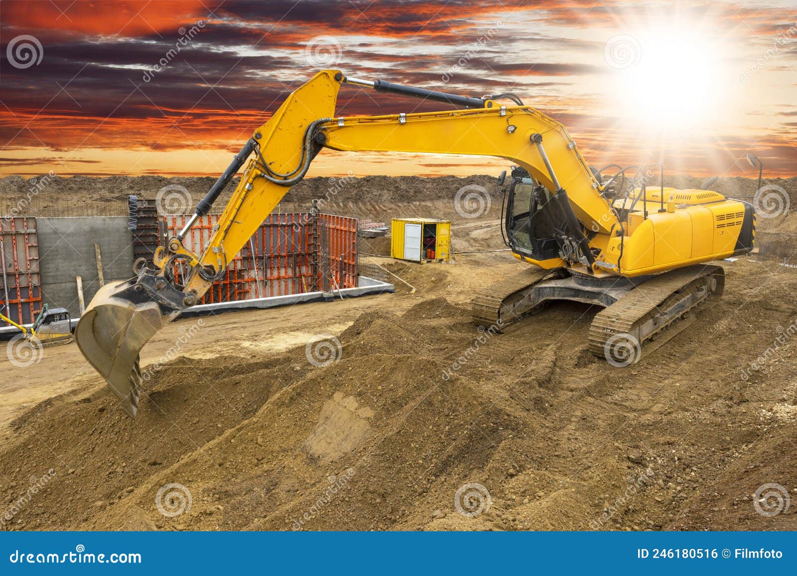 Excavator Digging on Construction Site Stock Photo - Image of crane ...