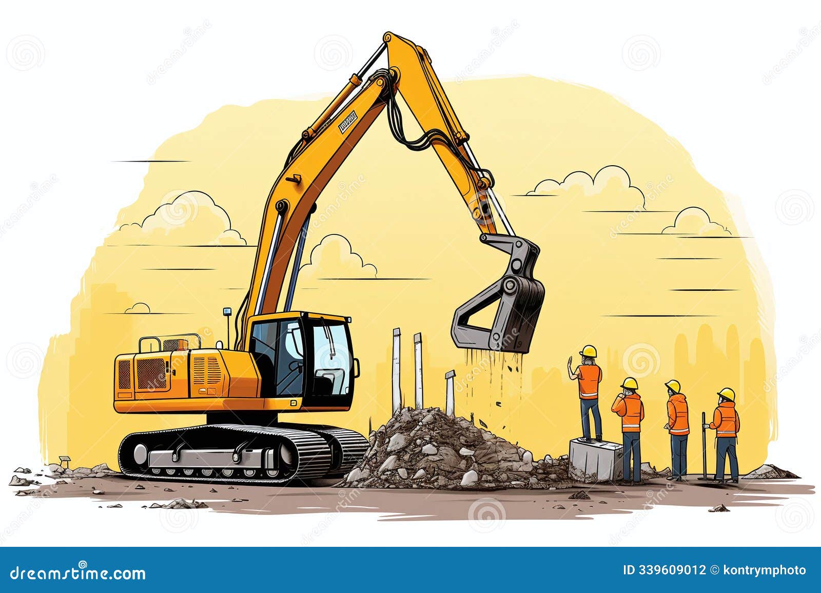Excavator Digging on Construction Site with Construction Workers ...