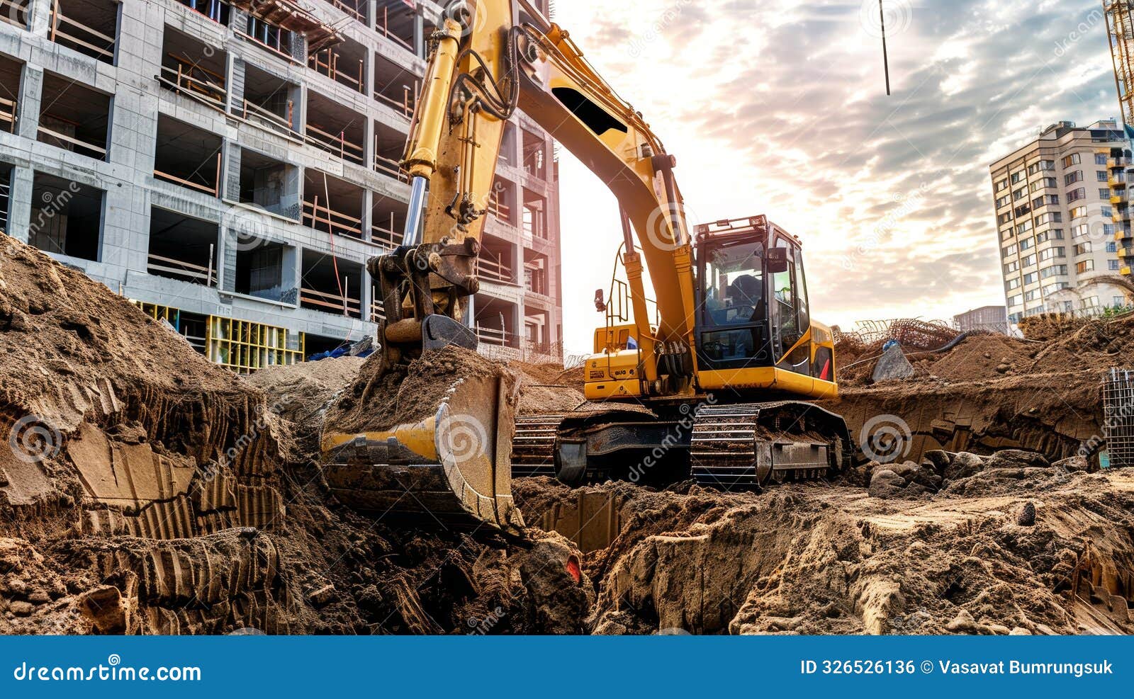 Excavator Digging at a Construction Site, Heavy Machinery, Vibrant and ...
