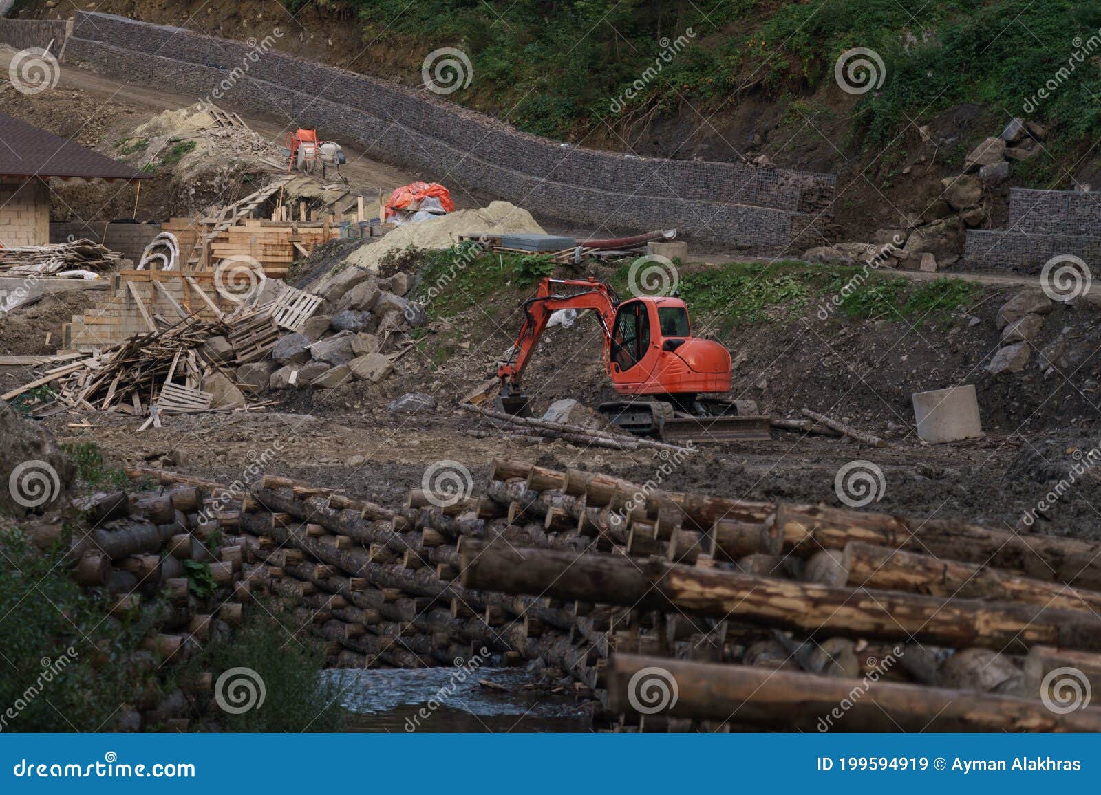 Excavator Digging on Construction Site beside the River Stock Image ...