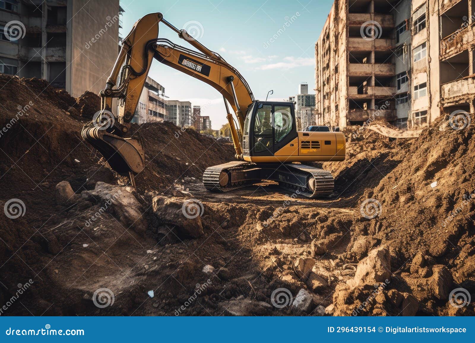 Excavator Digging Deep Trenches or Excavating a Foundation for a ...