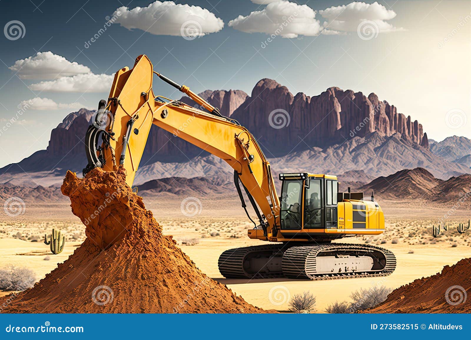 Excavator Digging in the Desert, with Mountains in the Background Stock ...