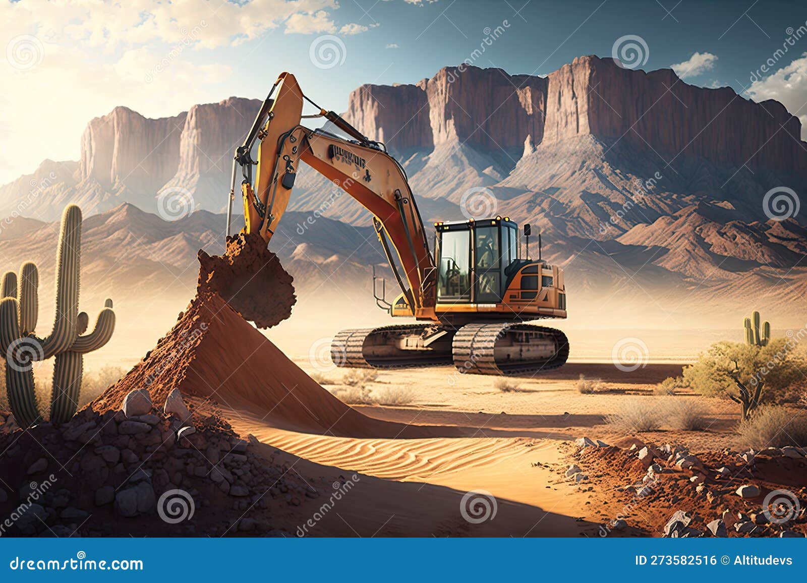 Excavator Digging in the Desert, with Mountains in the Background Stock ...
