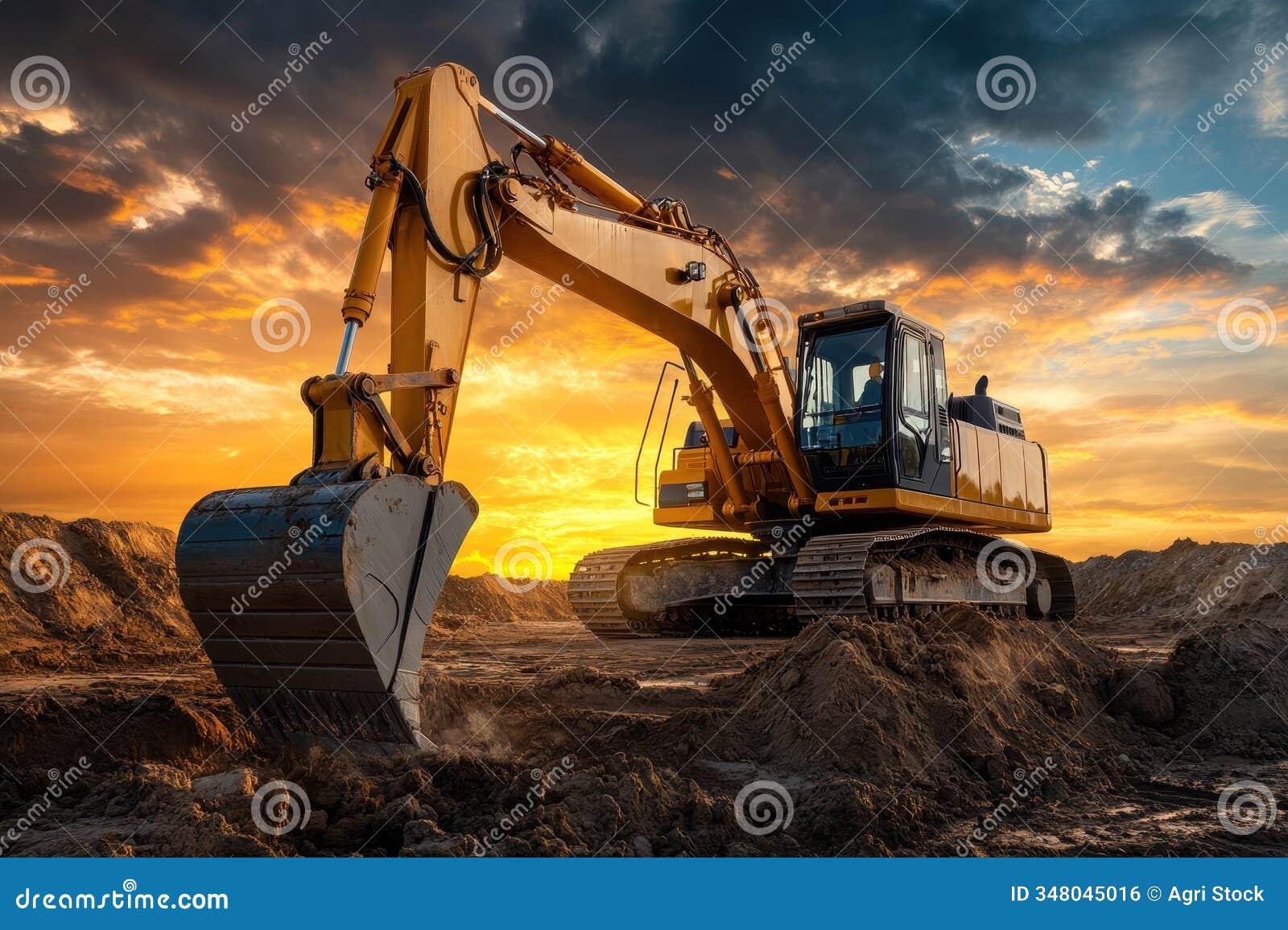 Excavator Digging Earth Against a Dramatic Sunset Sky Stock ...