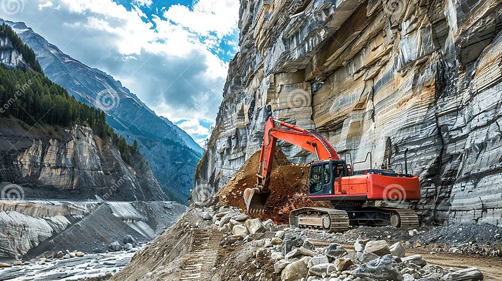 Excavator Digging a Hole into the Side of a Mountain. Generative AI ...