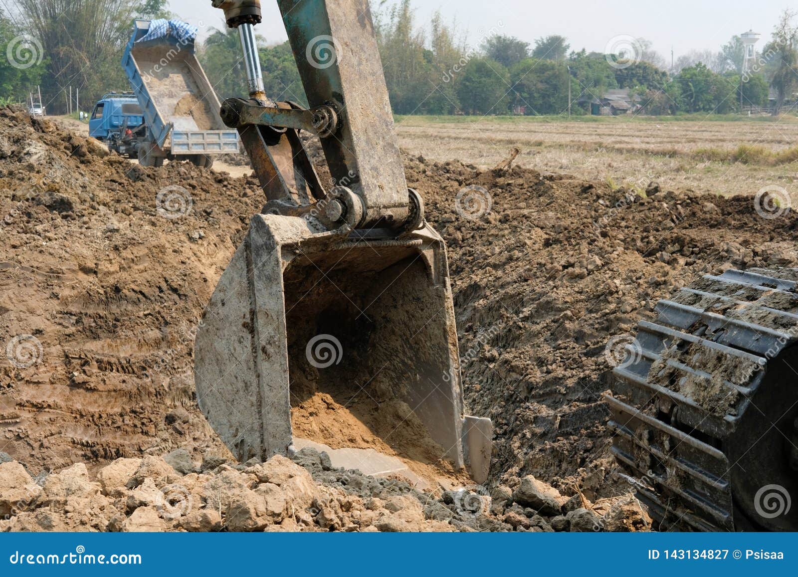 Excavator Digging Making Pond. Earthmoving Work Stock Image - Image of ...