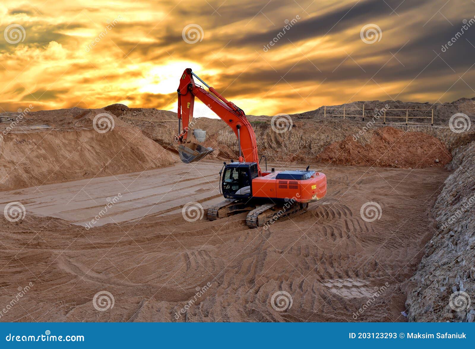 Excavator Digging the Pit Foundation on Sunset Background. Earthwork in ...