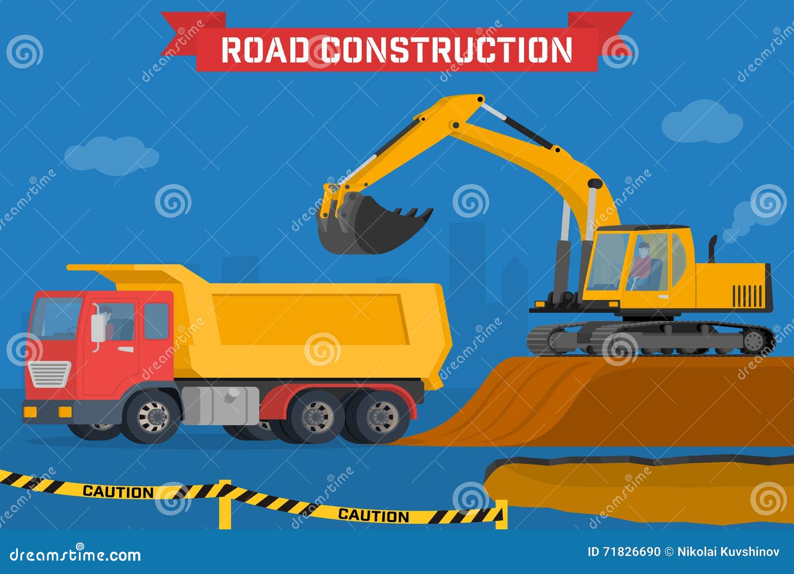 Excavator Digging Hole On Road Cartoon Vector | CartoonDealer.com ...